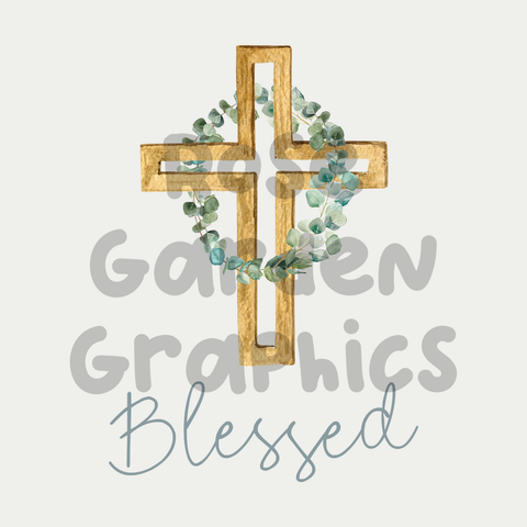 Greenery Crosses "Blessed" PNG – Rose Garden Graphics